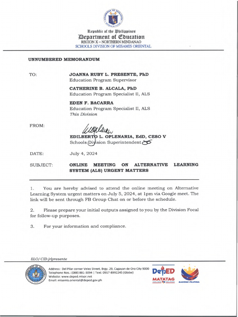 Unnumbered Memo Online Meeting On Alternative Learning System Als ...