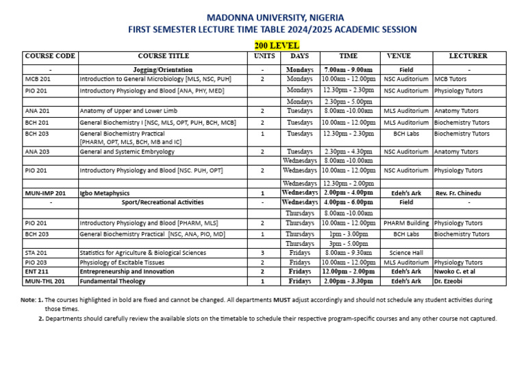 First Semester Time Table 200 Level - 24-25 | PDF