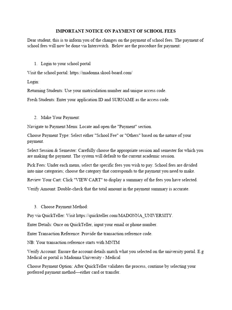 Guide on New school Fees payment | PDF