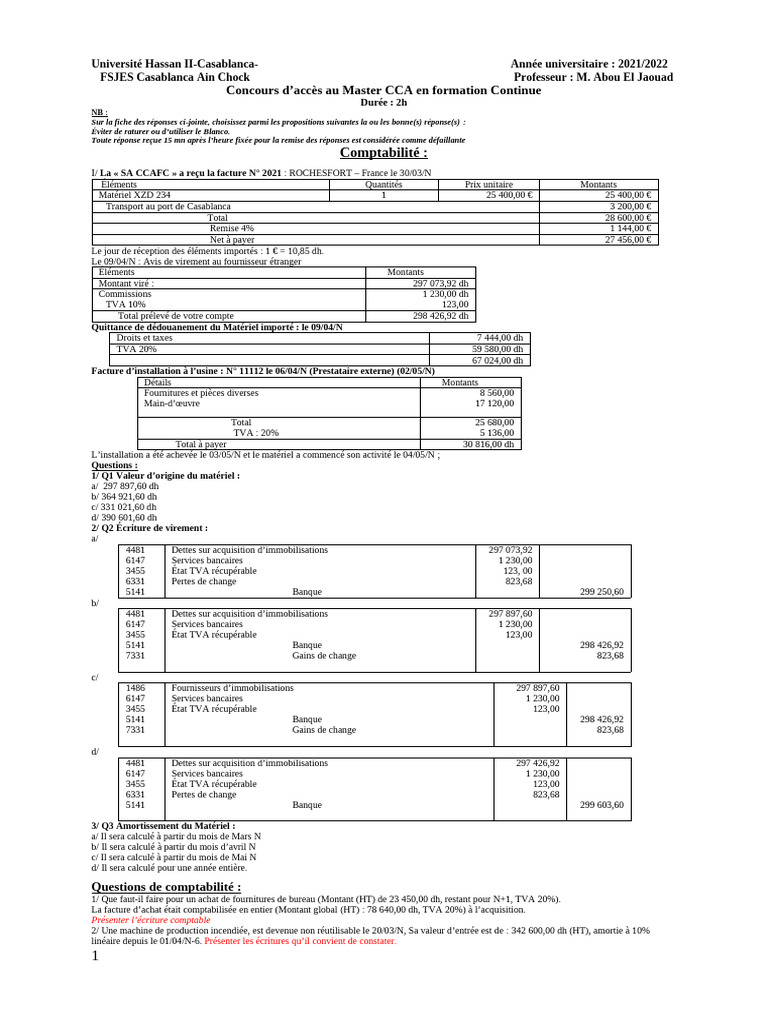 QCM Concours CCA FC 2020 2021 Juillet | PDF