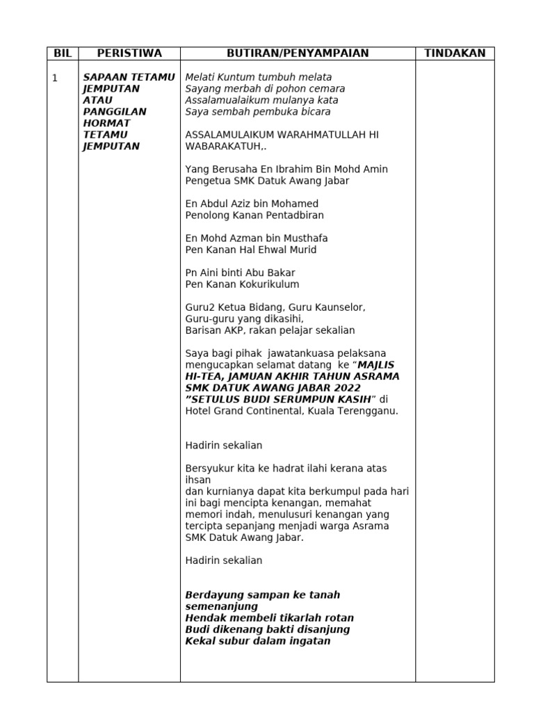 SKRIP MC Hi-Tea Asrama | PDF