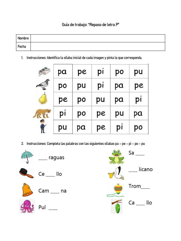 Guía de Trabajo Letra P | PDF