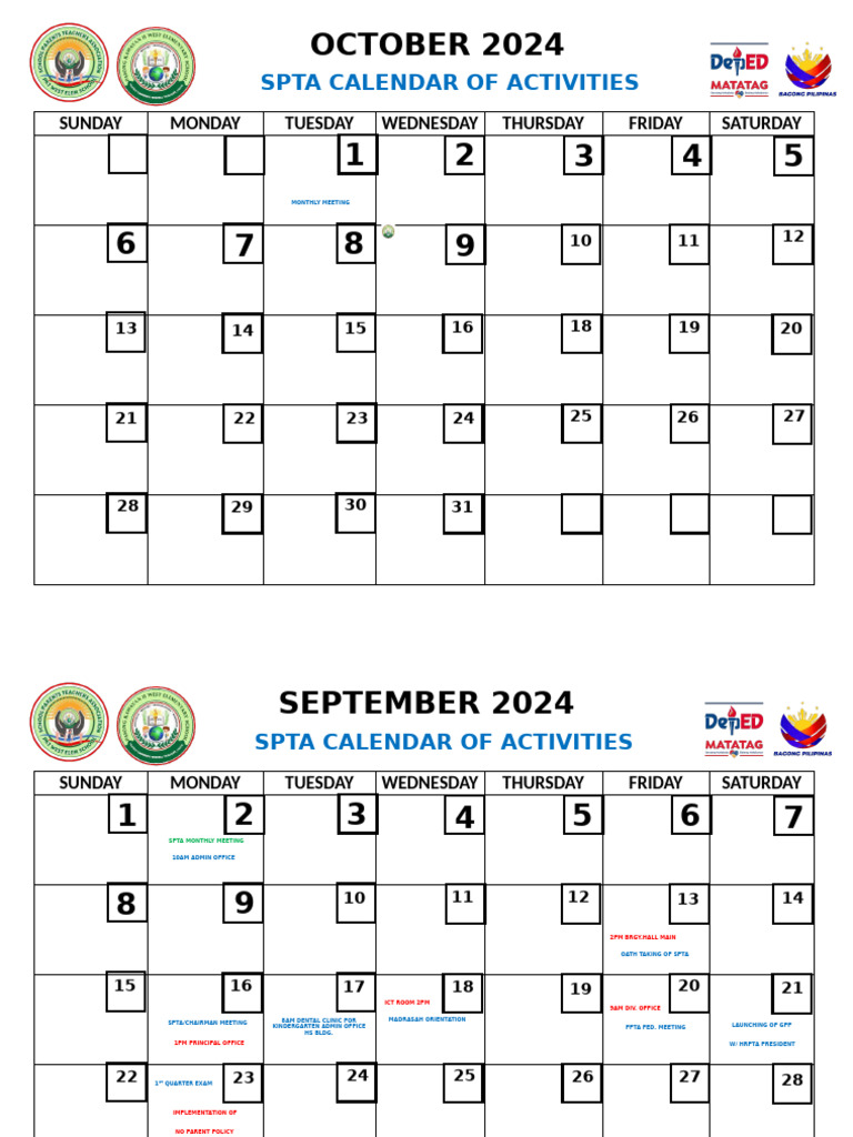 Calendar of Activities Spta | PDF