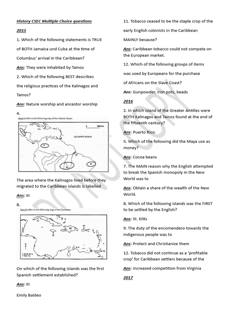 History CSEC Multiple Choice questions | PDF
