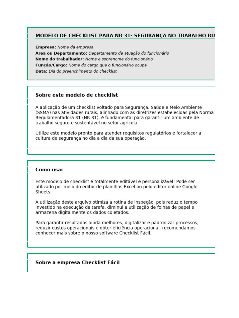 Checklist NR 31: Segurança no Trabalho Rural | PDF | Desperdício | Bem ...