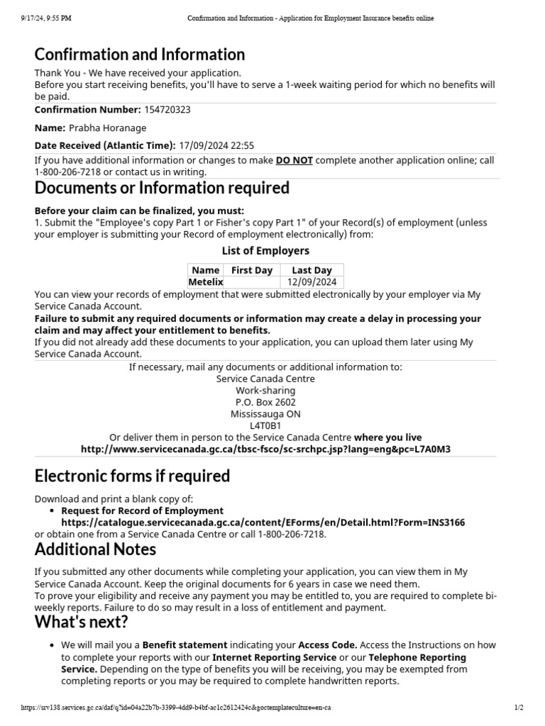 Confirmation and Information - Application For Employment Insurance ...