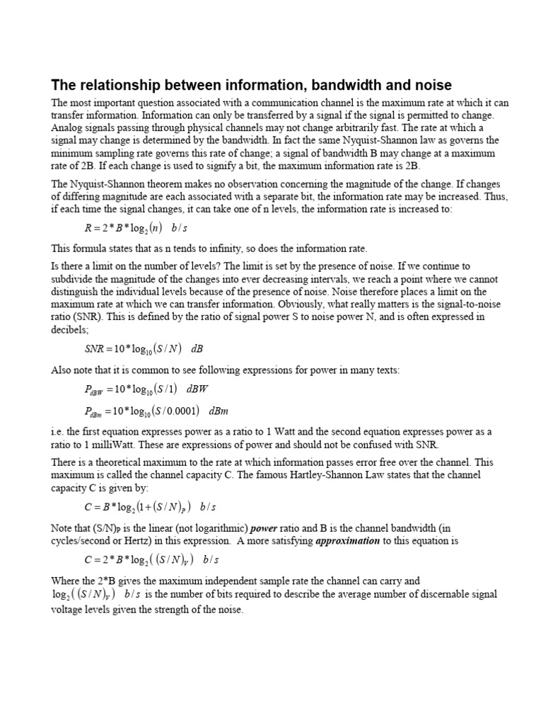 Shannon Channel Capacity | PDF | Signal To Noise Ratio | Bandwidth (Signal Processing)