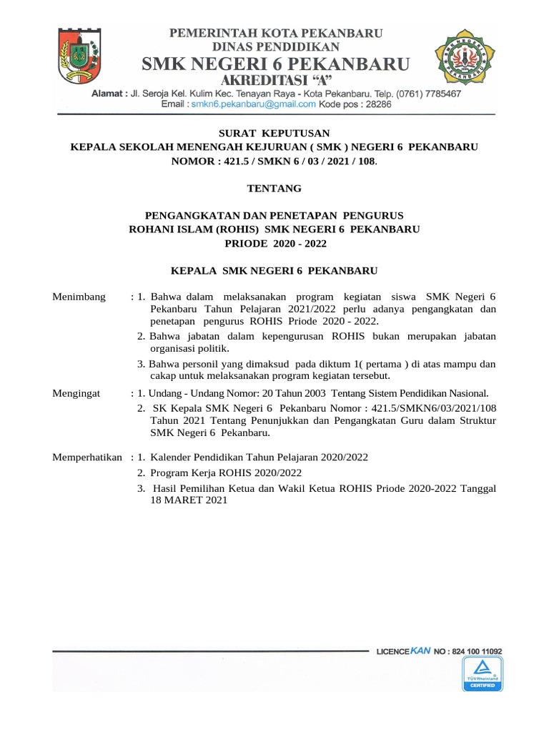 SK Pengurus Rohis Baru | PDF