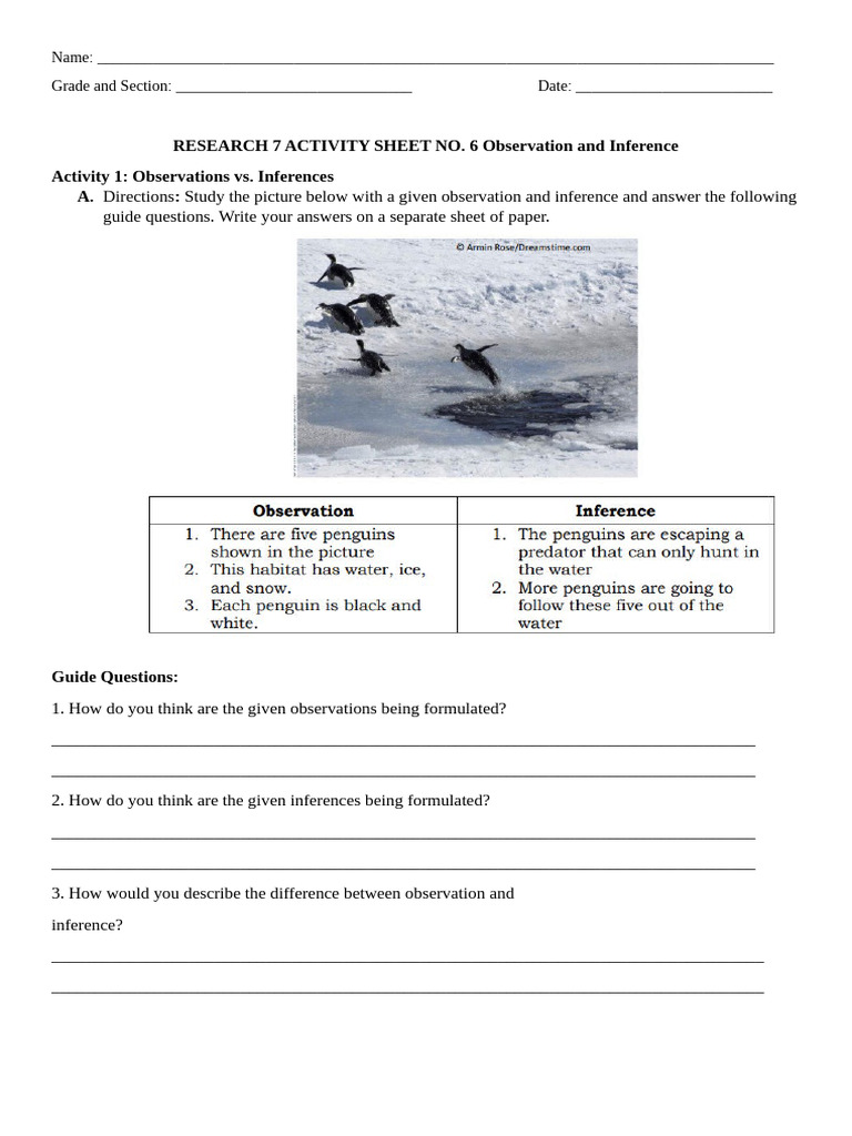 Research 7 Activity Sheet No. 6 Observation and Inference | PDF