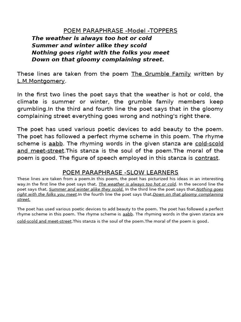 Poem Paraphrase - Model - Toppers | PDF