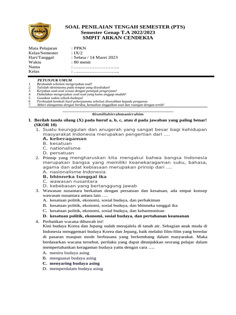 Soal Pts PPKN SMT 2 Kelas 9 2022-2023 | PDF