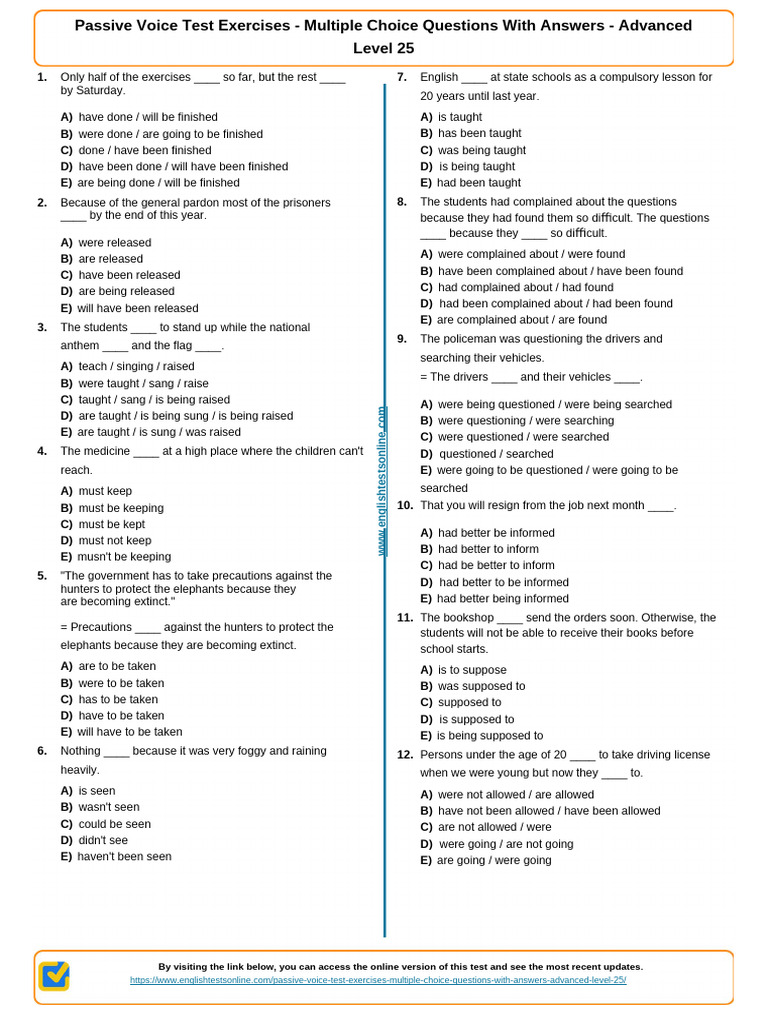 524 - Passive Voice Test Exercises Multiple Choice Questions With ...