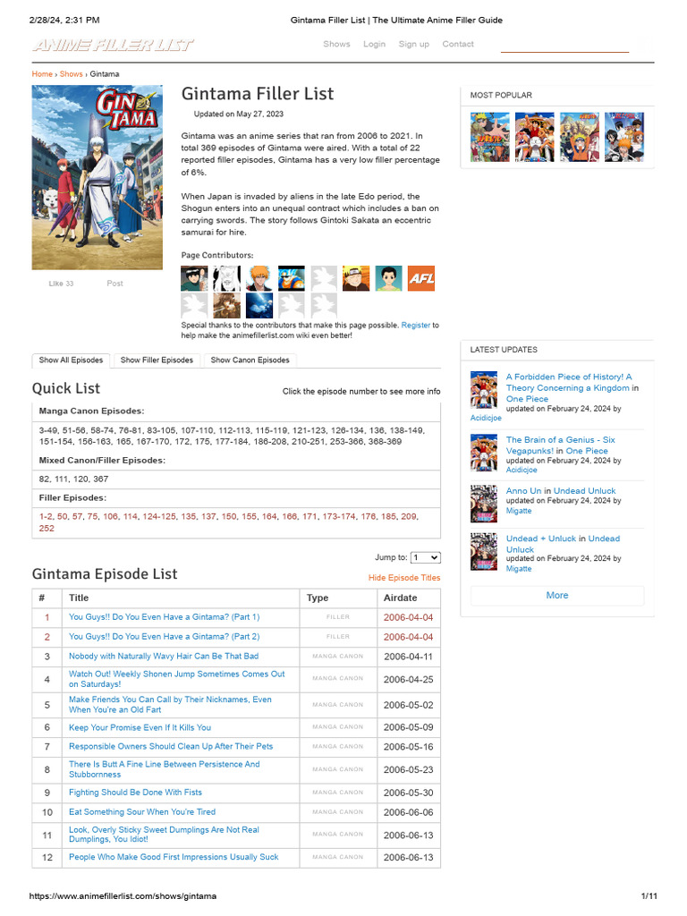 Gintama Filler List - The Ultimate Anime Filler Guide | PDF