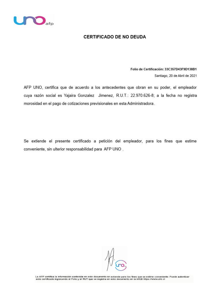 Certificado No Deuda de AFP UNO | PDF
