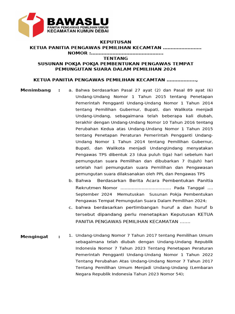 Format SK Pokja Pembentukan PTPS Untuk Pemilihan 2024 | PDF | Hukum