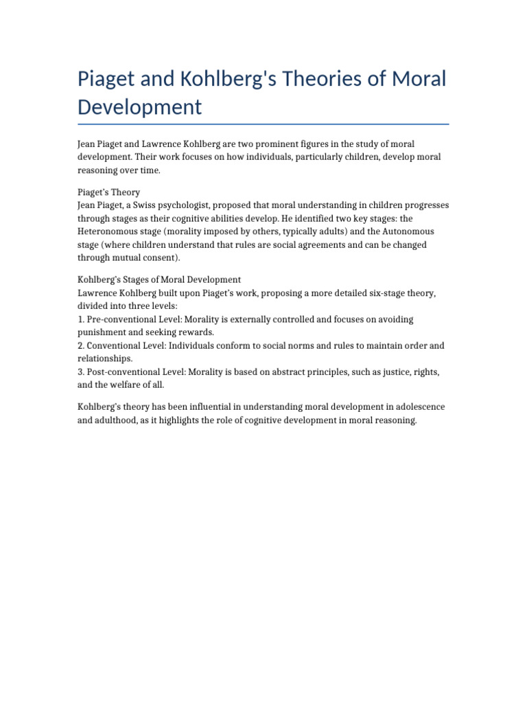 Moral Development Piaget Kohlberg | PDF