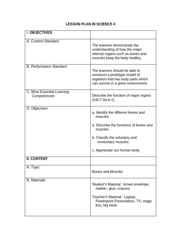 MJP GRADE 4 LESSON PLAN - BONES AND MUSCLES - Copy | PDF