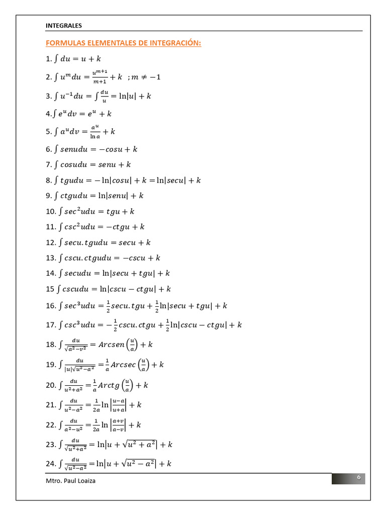FORMULAS ELEMENTALES DE INTEGRACIÓN | PDF