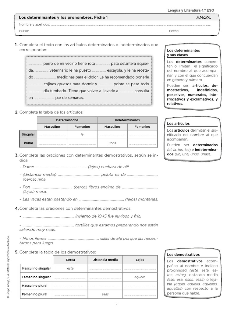 Los Determinantes y Los Pronombres. Ficha 1 | PDF