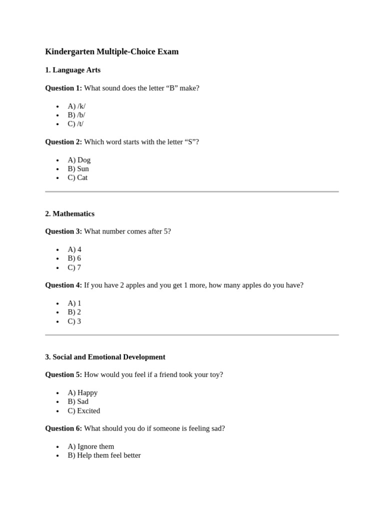 Kindergarten Multiple Choice Exam | PDF