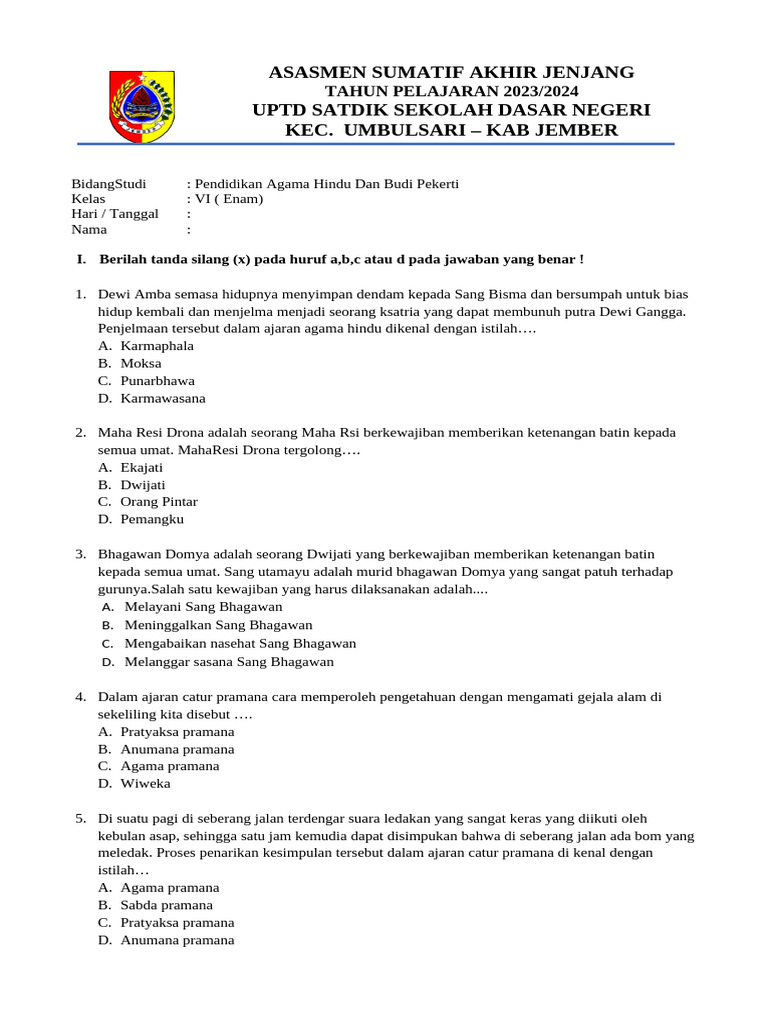 Soal Asaj Pah Kelas 6 2024 | PDF