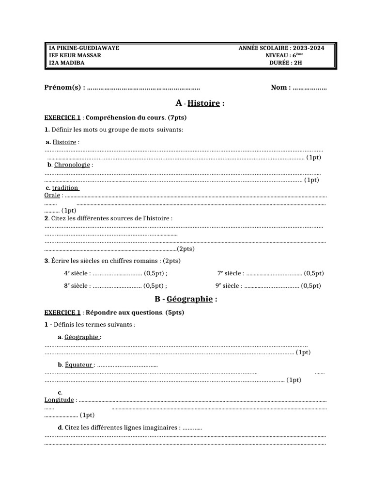 DEVOIR 6ème n°1 | PDF