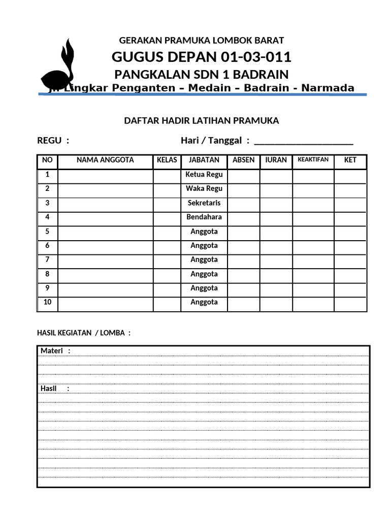 Daftar Hadir Latihan Pramuka 1 BDR | PDF