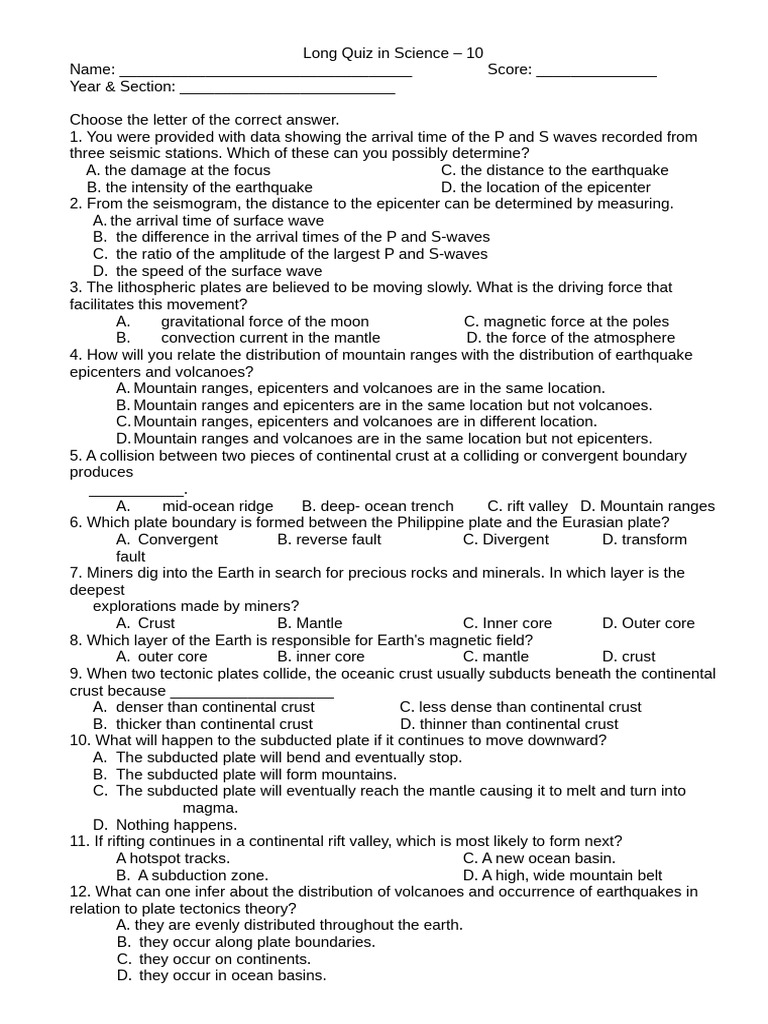 Long Quiz in Science 10 Q1 | PDF | Plate Tectonics | Earth