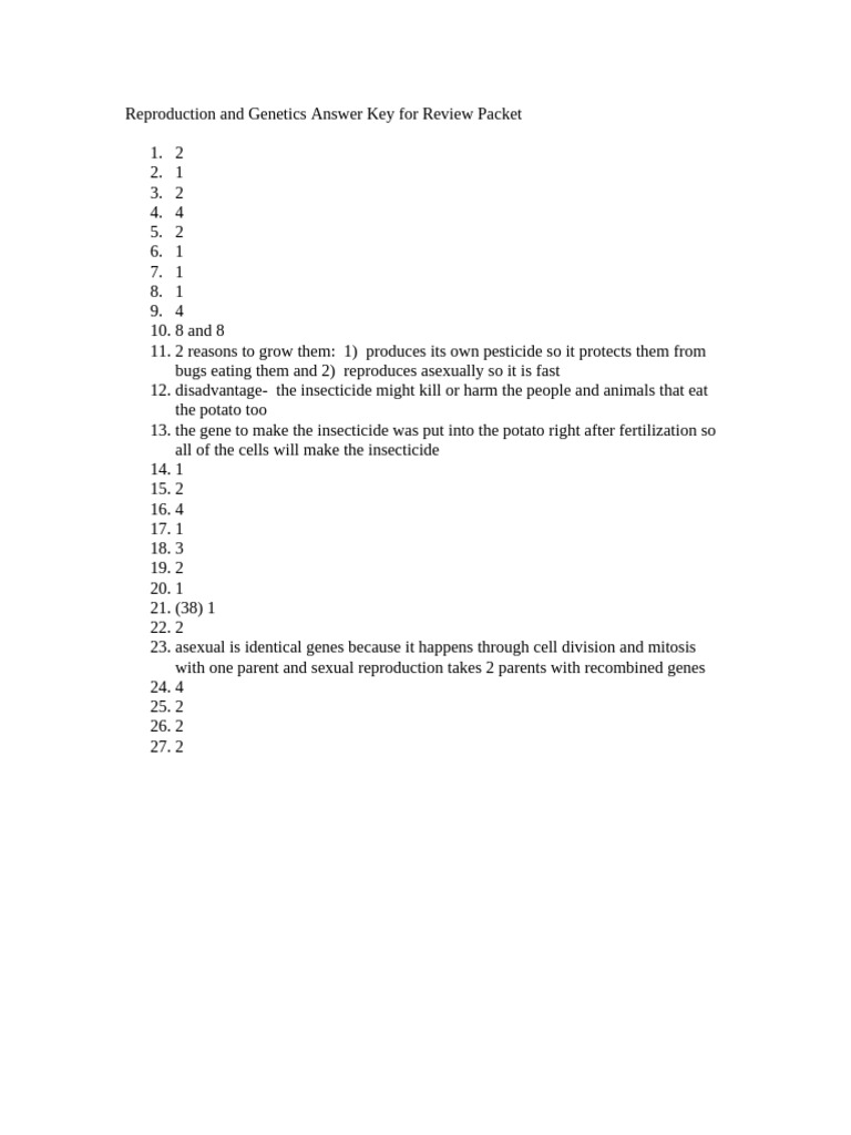 Reproduction and Genetics Answer Key For Review Packet | PDF
