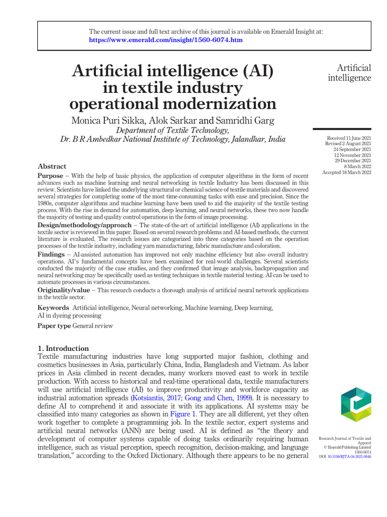 Lectura Artificial Intelligence in Textile Industry Operational ...