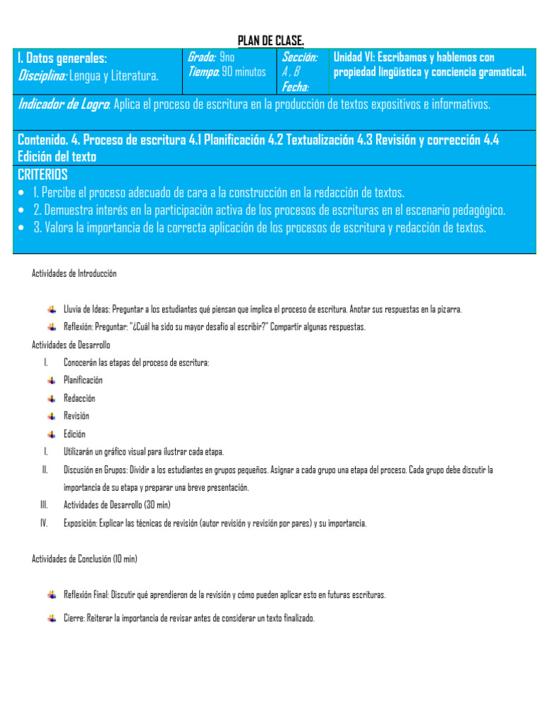 Plan de Clase 9NO | PDF