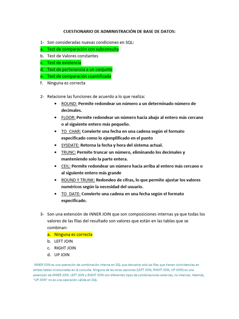 Cuestionario de Administración de Base de Datos | PDF | SQL | Informática
