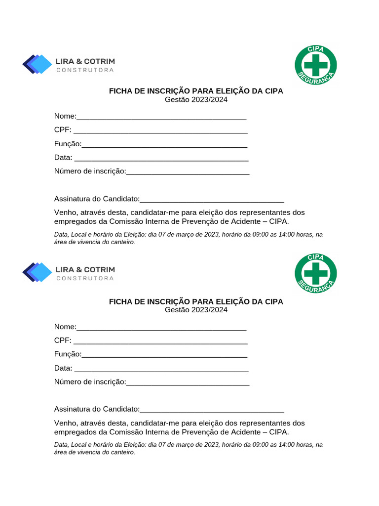 Ficha de Inscrição para Eleição Da Cipa | PDF