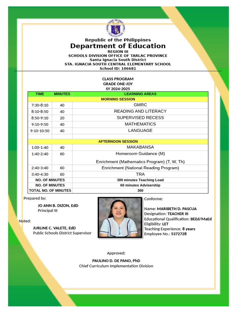 Class Program Grade 1 Matatag 2024 2025 Final | PDF