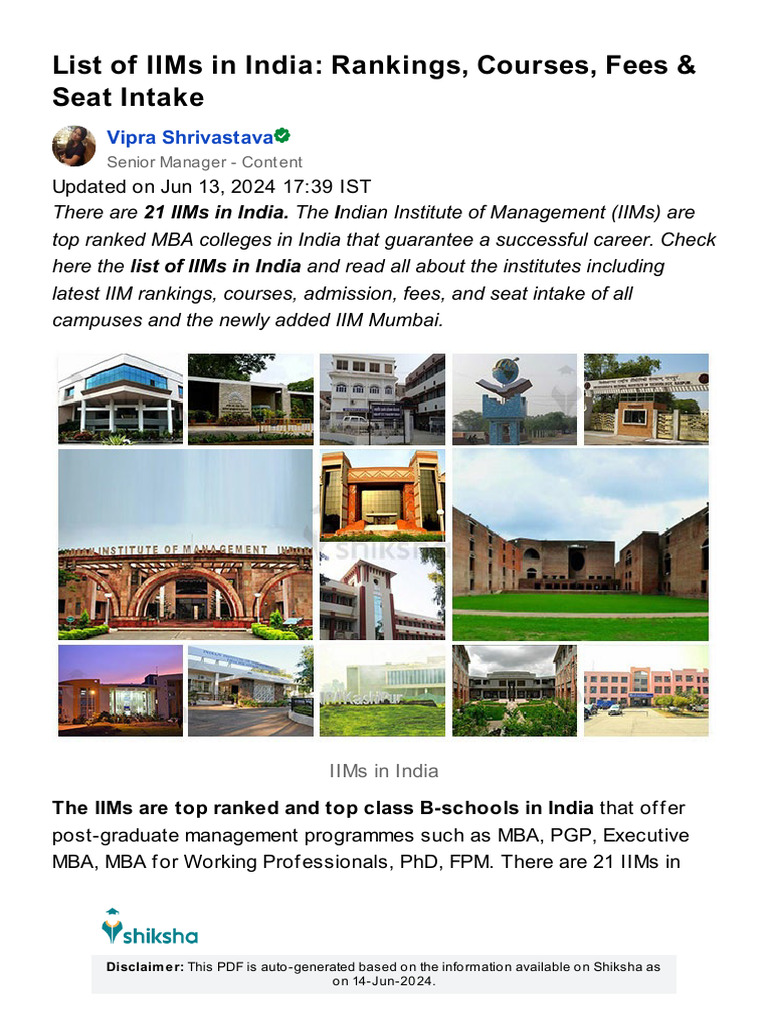 List of Iims in India: Rankings, Courses, Fees & Seat Intake | PDF