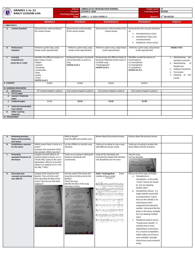 DLL - Mapeh 6 - Q4 - W1 | PDF