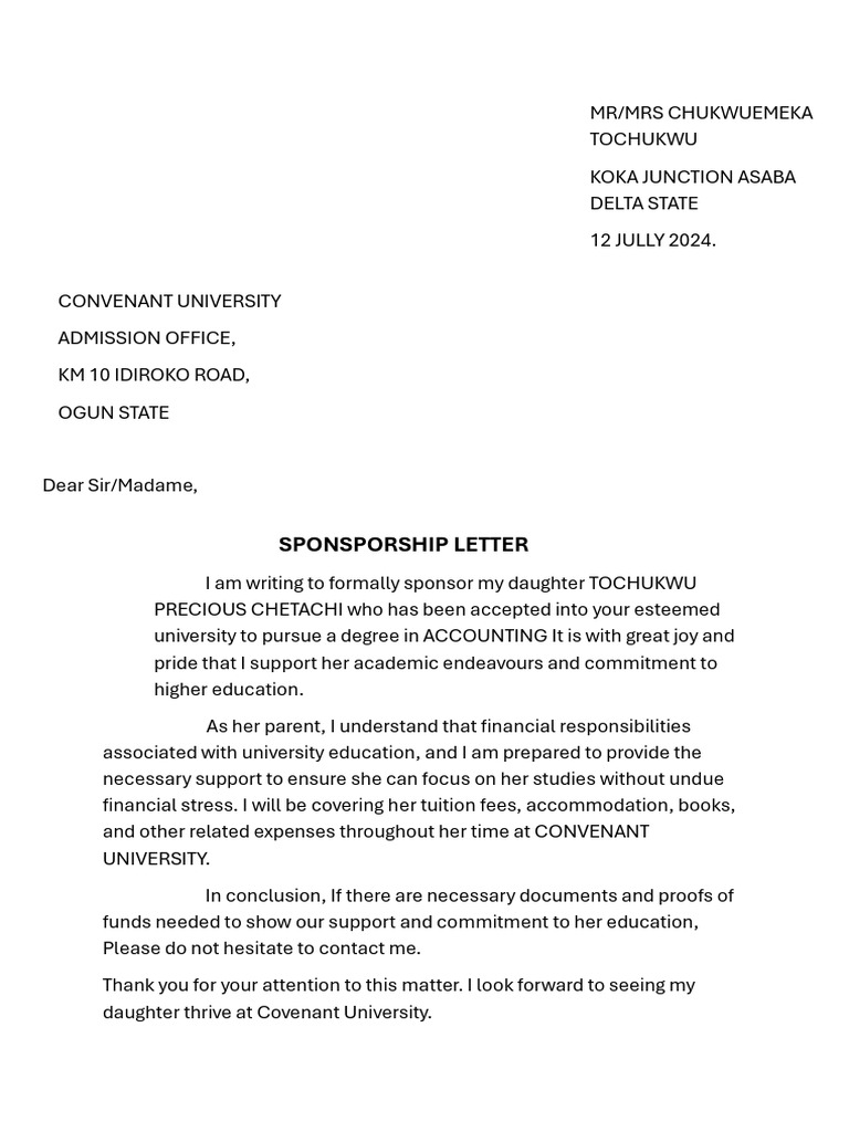 Sponsorship Letter for University Admission | PDF