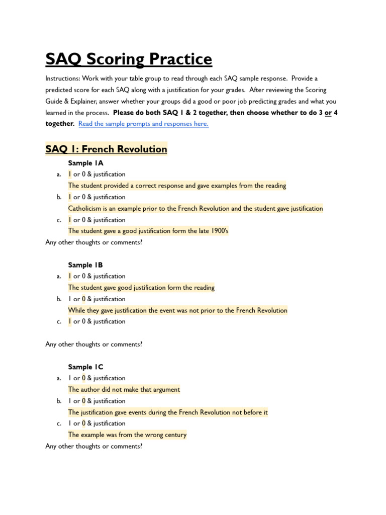 SAQ Scoring Practice | PDF