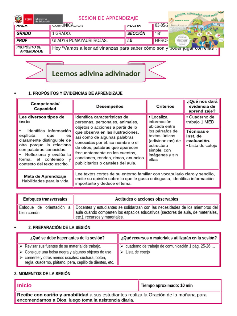 Sesión Leemos Adivina Adivinador | PDF | Aprendizaje | Evaluación