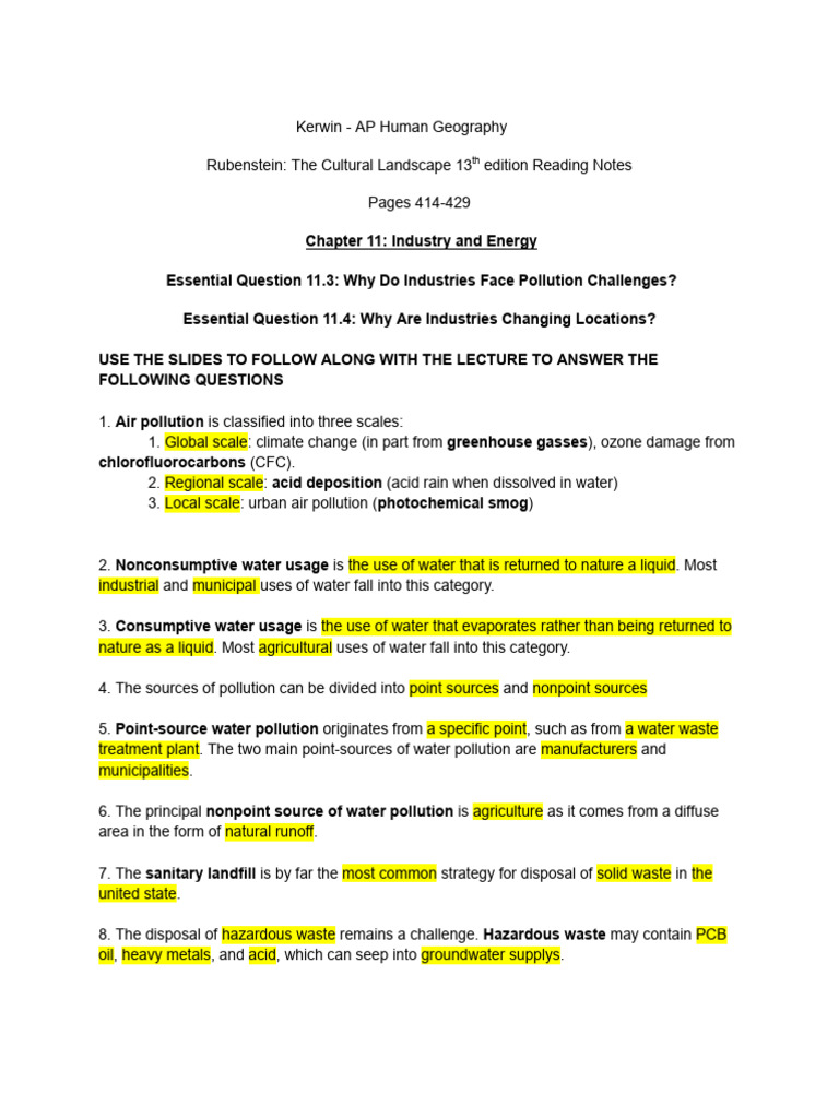 AP Human Geography Rubenstein Reading Guide (Chapter 11, Part 3+4 ...