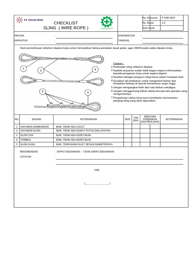 Form Checklist Inspeksi Sling Wire Rope Pdf