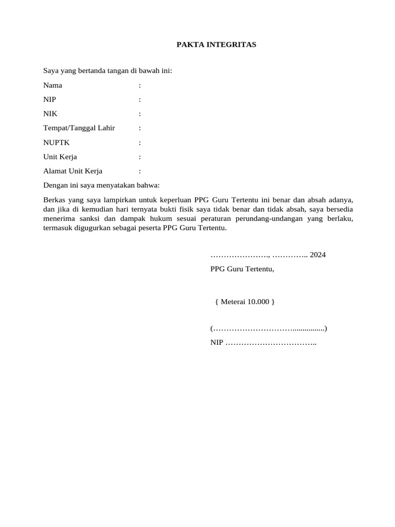 Pakta Integritas PPG 2024 | PDF