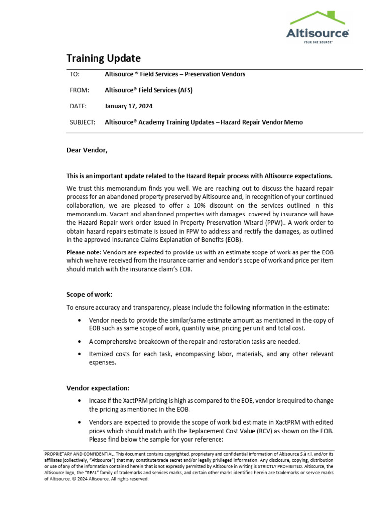 Altisource Academy Training Updates - Hazard Repair Vendor Memo ...