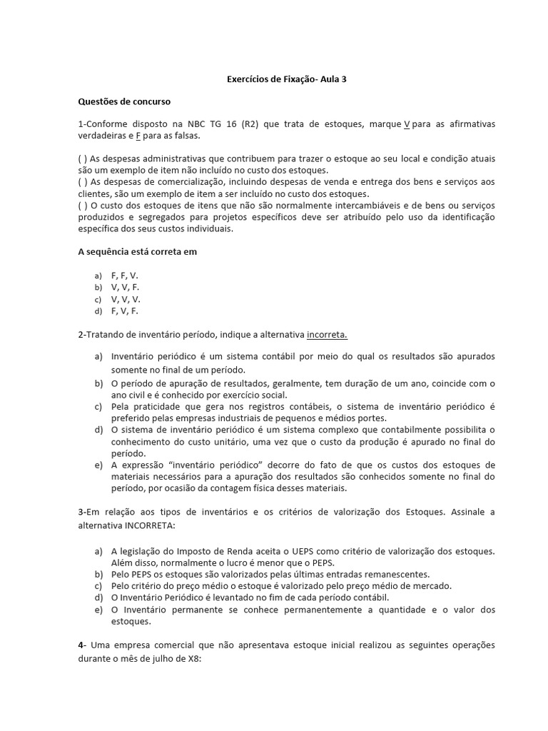 Cont 2 - Exercícios Aula 3 | PDF