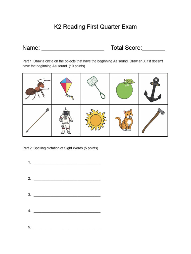 K2 Reading First Quarter Exam | PDF