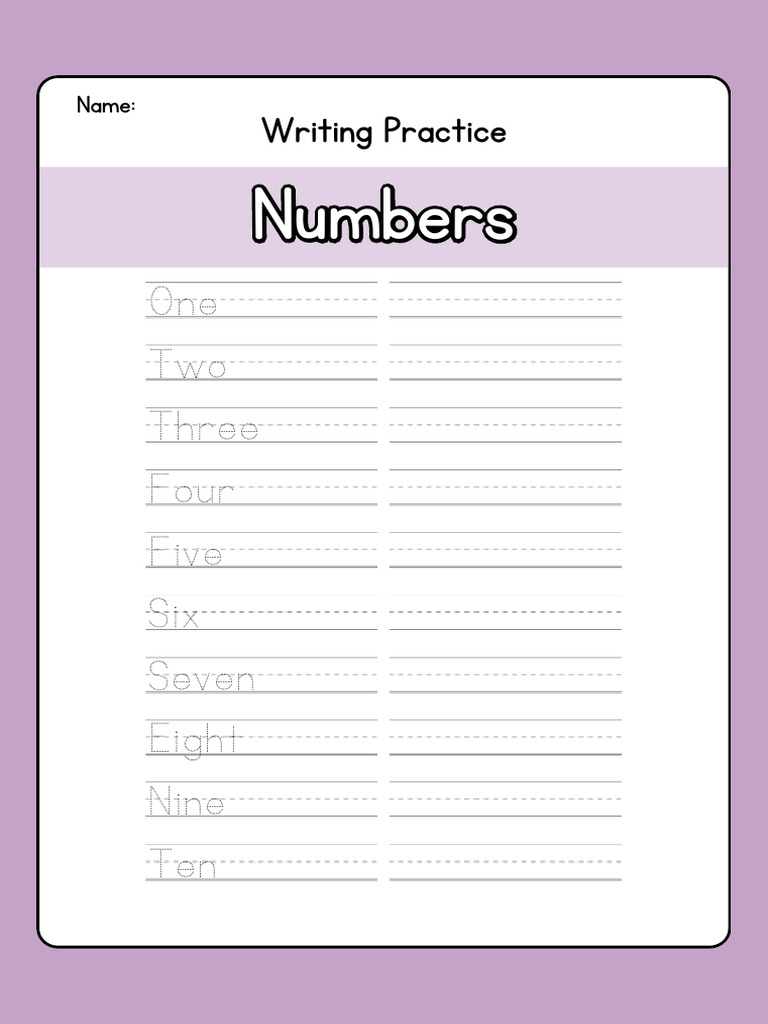 Numbers Writing Practice Worksheet in Purple and White Simple Style | PDF