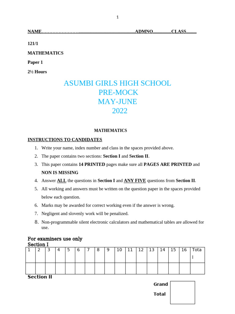 121 1 Maths Paper1 Questions | PDF
