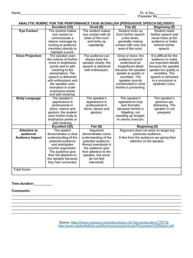 Rubric For Speech | PDF