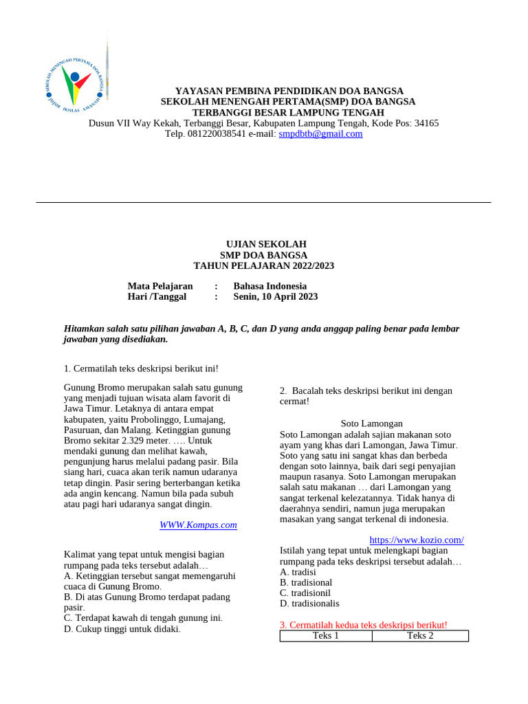 Soal Us Bindo 2021 | PDF