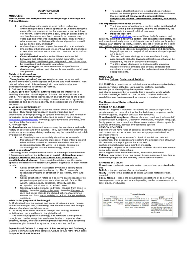 UCSP REVIEWER Module 1 6 | PDF | Anthropology | Socialization